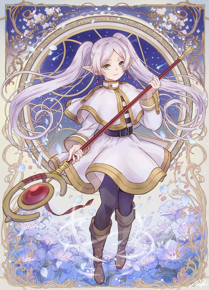 Safebooru - 1girl belt black pantyhose blue flower boots brown footwear capelet dress earrings ...