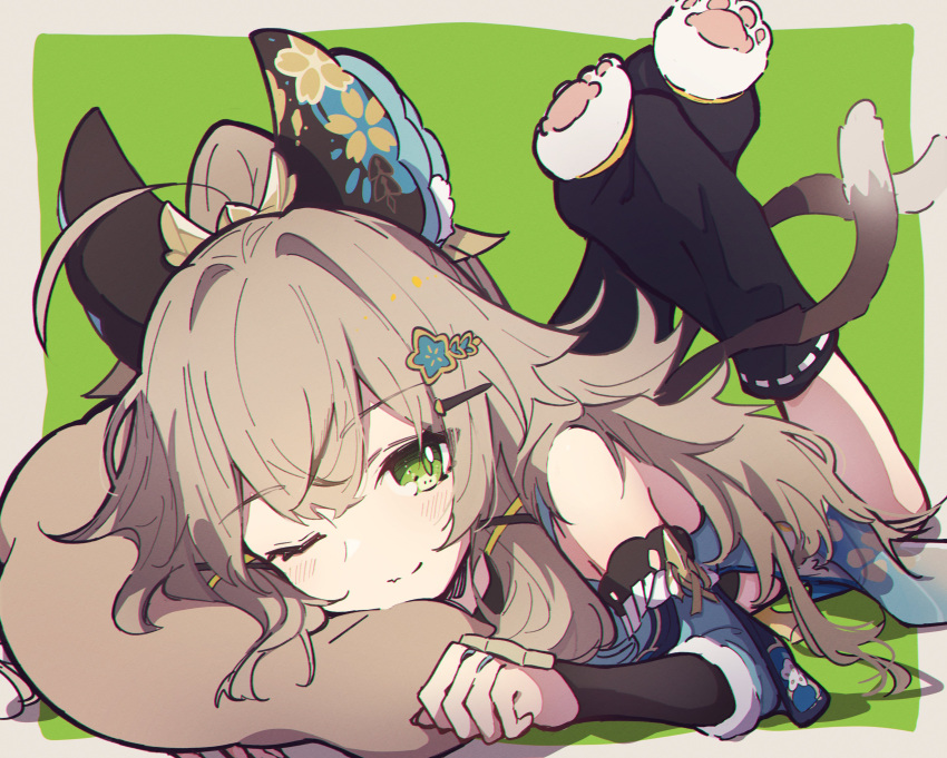 Safebooru - 1girl absurdres ahoge animal ears black leg warmers blue kimono border cat ears cat ...
