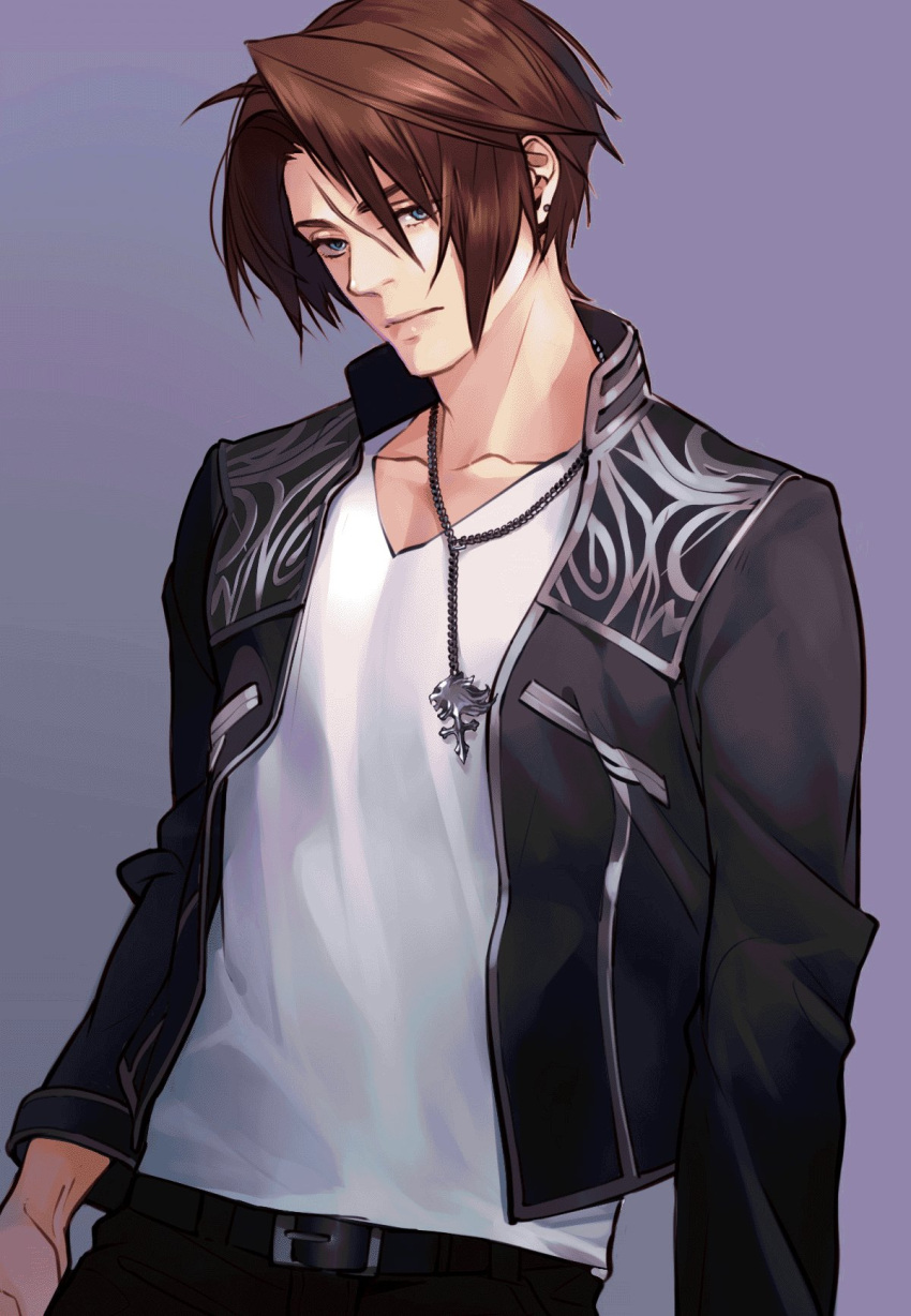 Safebooru - 1boy belt black jacket black pants blue eyes brown hair earrings expressionless ...