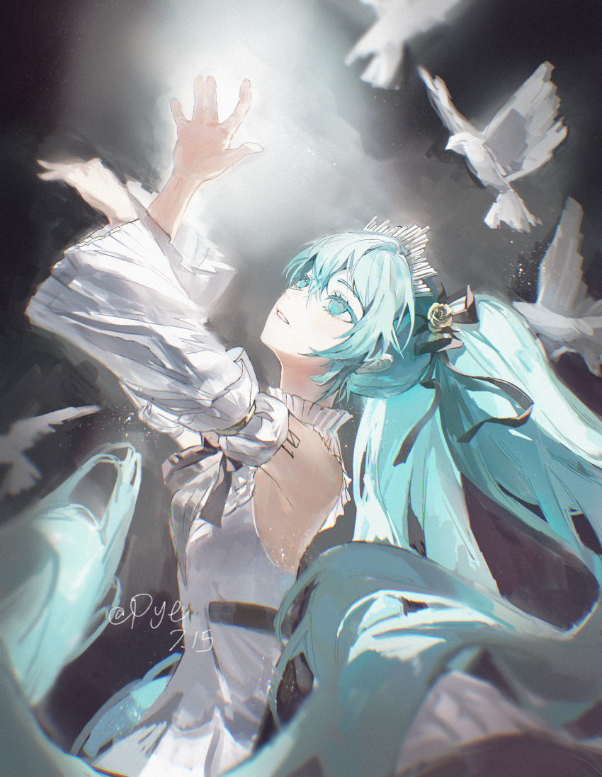 Safebooru - 1girl absurdres aqua eyes aqua hair arms up detached ...