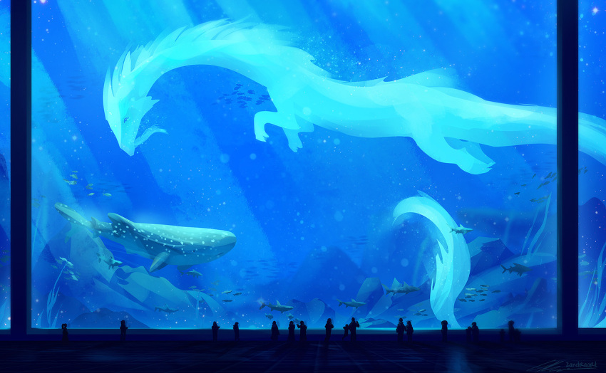 Safebooru - aquarium blue light dragon eastern dragon fish glowing lens flare looking at animal ...