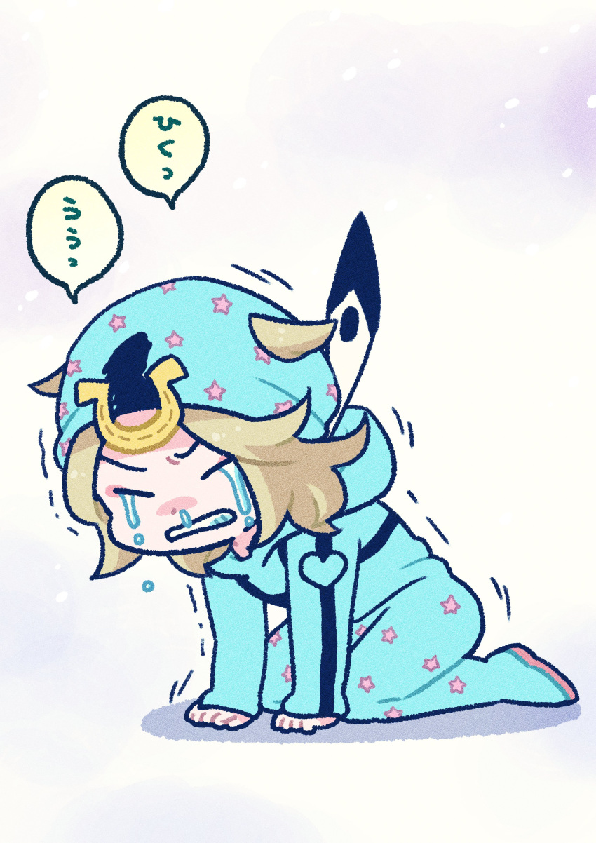 Safebooru - 1boy absurdres all fours beanie blonde hair blue hat blue hoodie blue pants chibi ...
