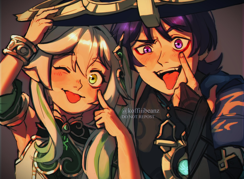 Safebooru - 1boy 1girl :p ;p akanbe anemo symbol (genshin impact) aqua gemstone arm up armlet ...