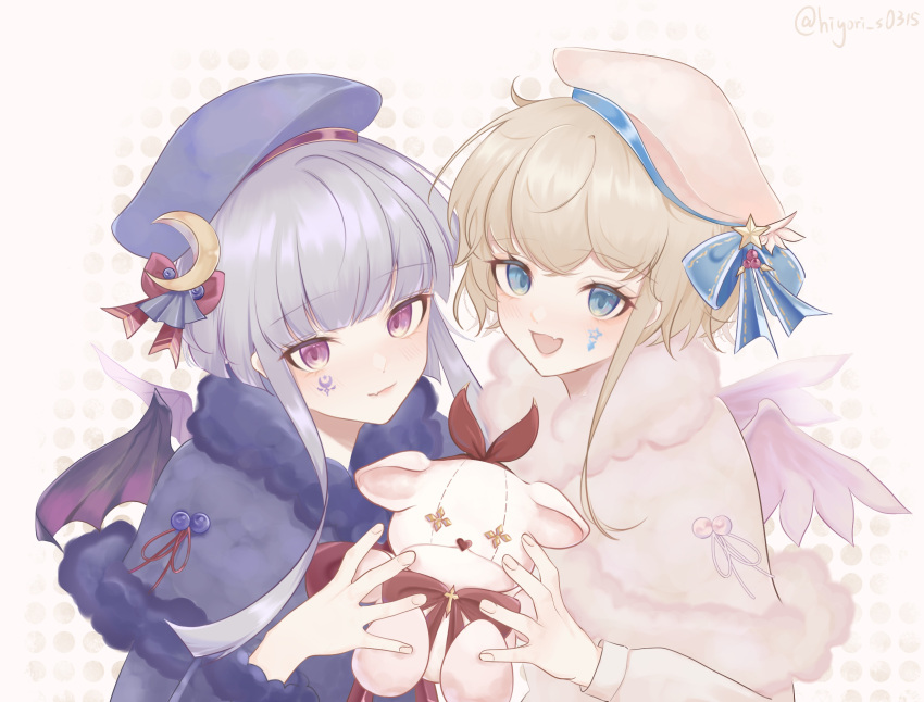 Safebooru - 2girls :d arcaea bat wings black wings blonde hair blue capelet blue eyes blue hat ...