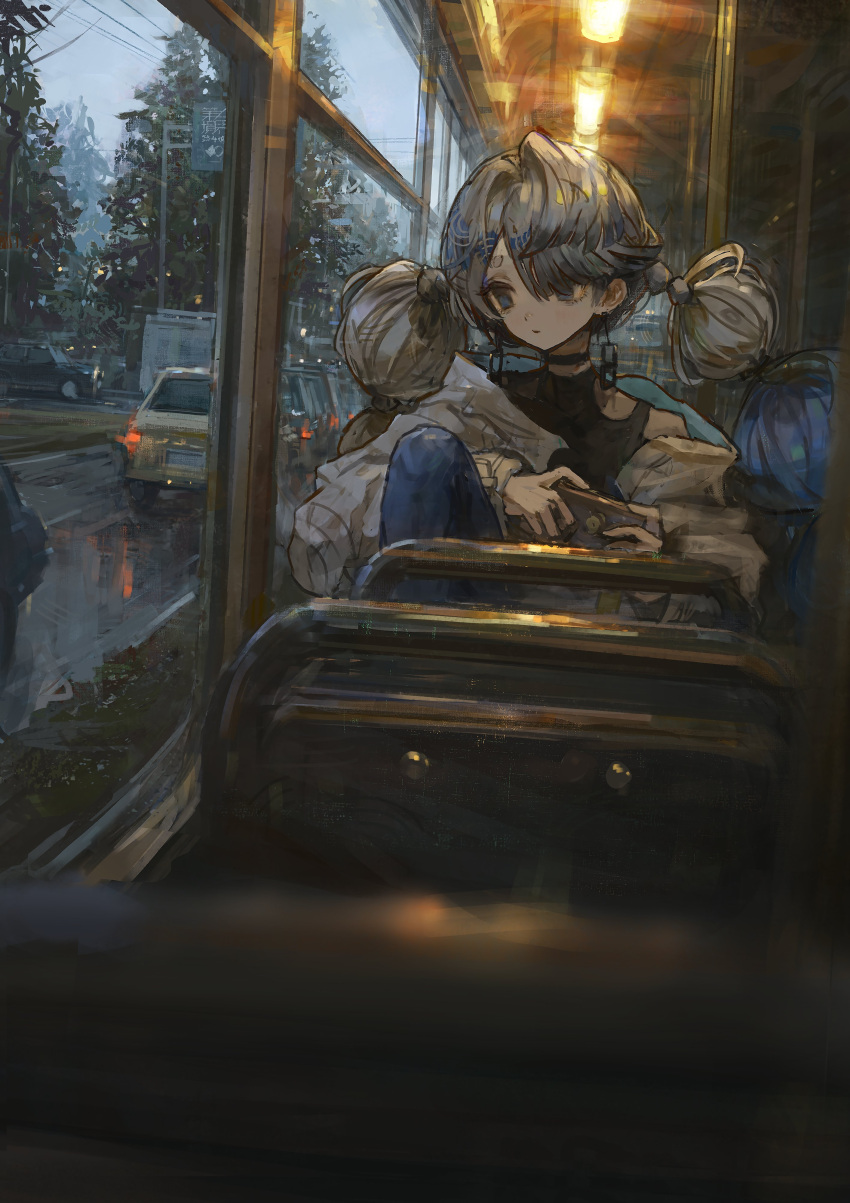 Safebooru - 1girl absurdres blue eyes blurry blurry foreground bus interior camera car choker ...