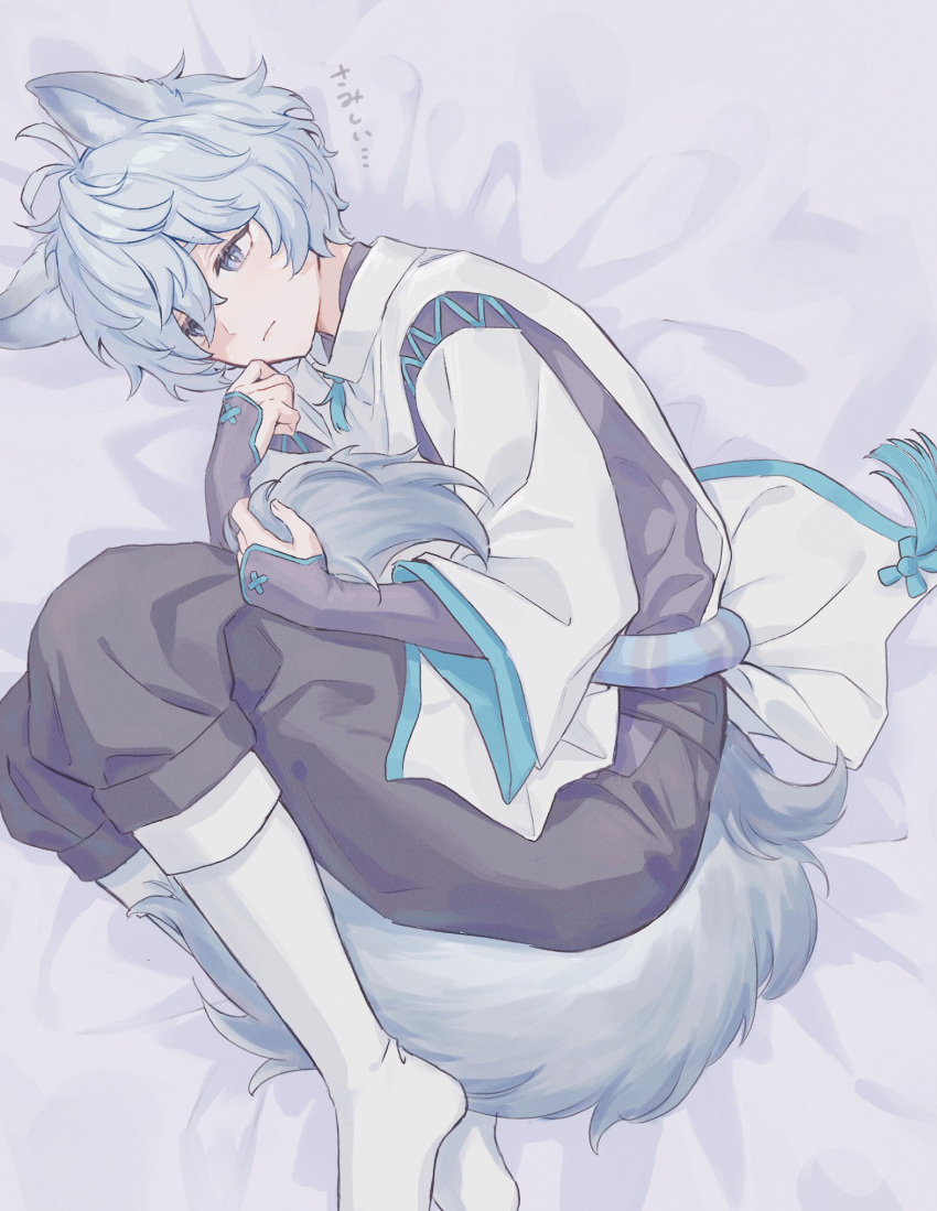 Safebooru - 1boy animal ears bed sheet blue eyes blue hair closed mouth ...
