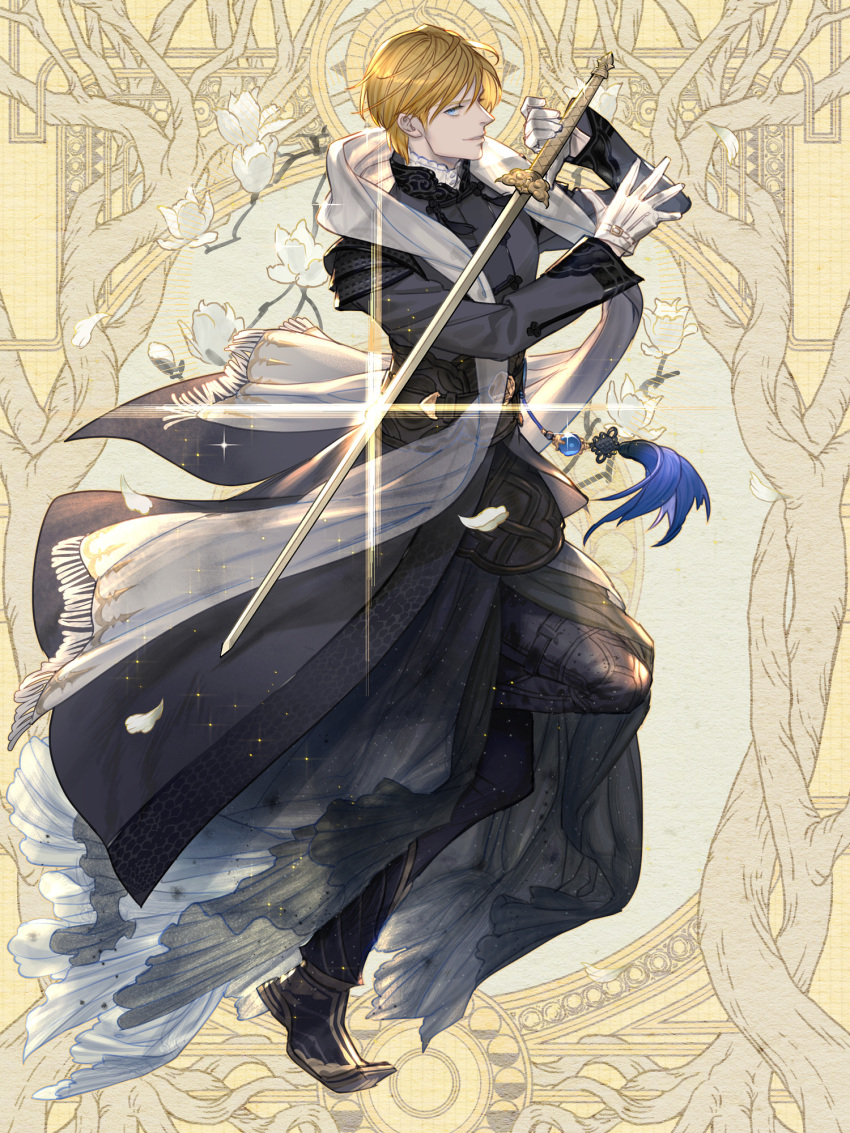 Safebooru - 1boy belt black belt black pants black robe black shoes blonde hair blue eyes branch ...