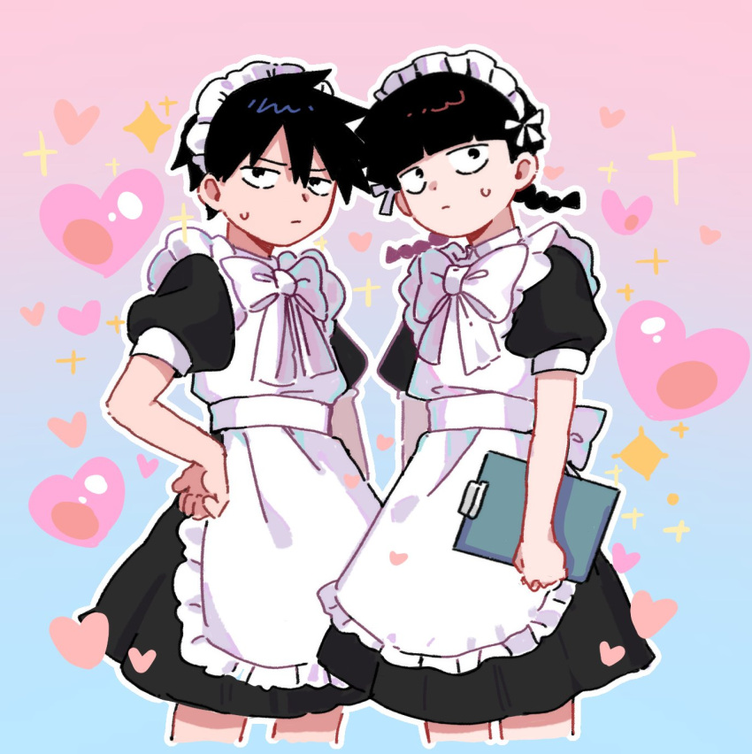 Safebooru - 2boys alternate costume apron black dress black eyes black hair blue background bow ...