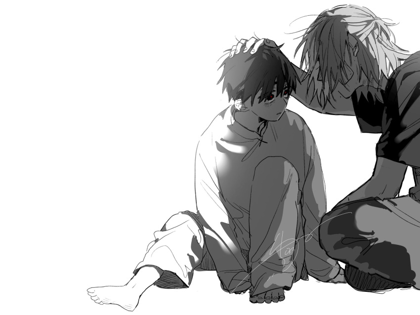 Safebooru - 2boys alien stage barefoot chi fuyu child greyscale half ...