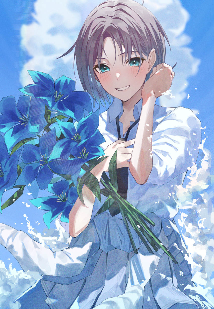 Safebooru - 1girl ahoge asakura toru black necktie blue eyes blue flower blue sky blush clothes ...