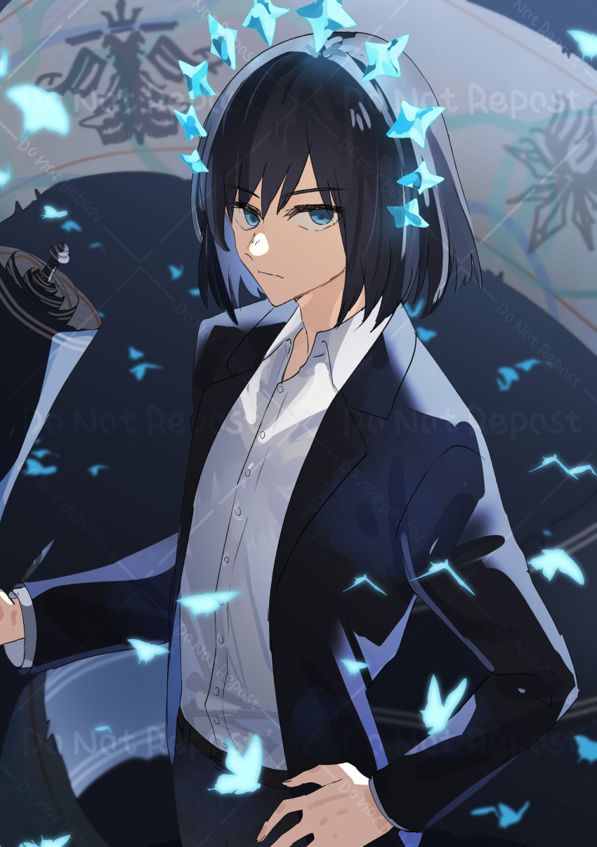 Safebooru - 1boy absurdres belt black belt black hair black jacket black shirt blue butterfly ...