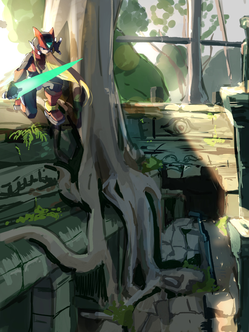 Safebooru - 1boy armor energy sword forehead jewel helmet highres holding holding sword holding ...