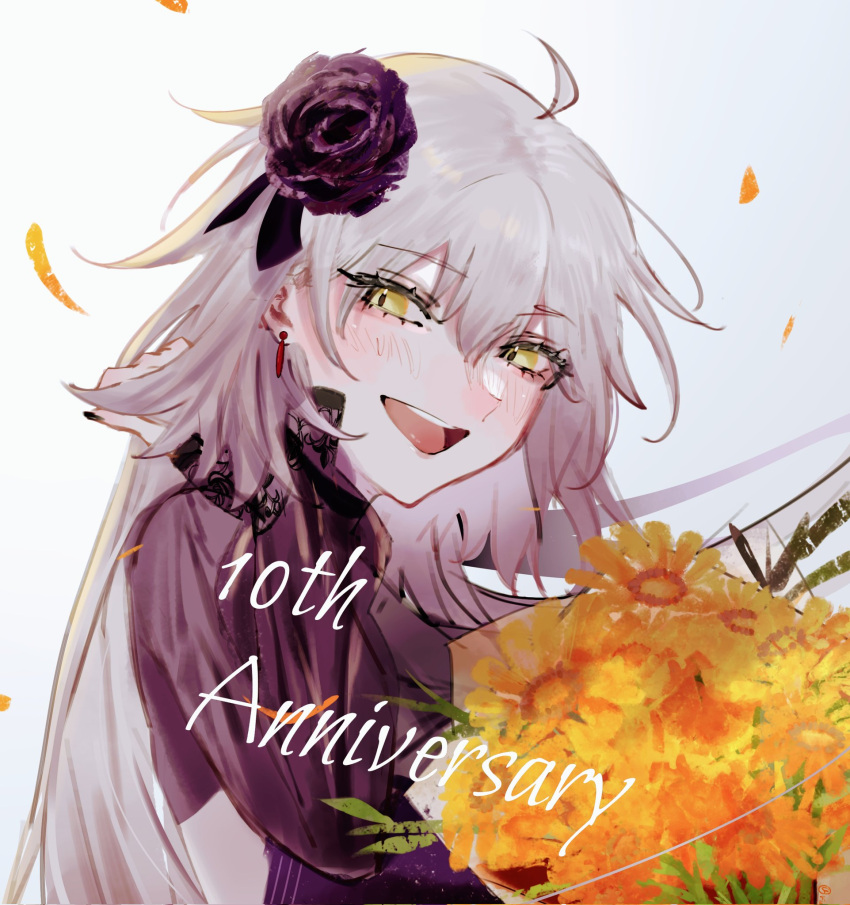 Safebooru - 1girl ahoge anniversary black flower black nails black rose black shirt blush ...