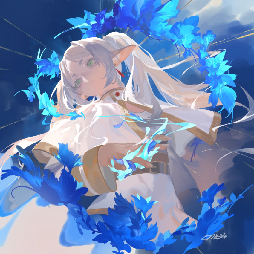 Safebooru - 1girl belt blue background blue fire blue flower capelet closed mouth dm (dai miao ...