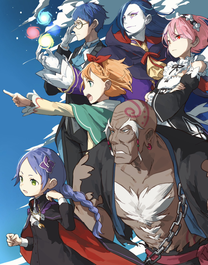 Safebooru - 3boys 3girls 8 humi adjusting eyewear bald bare shoulders ...