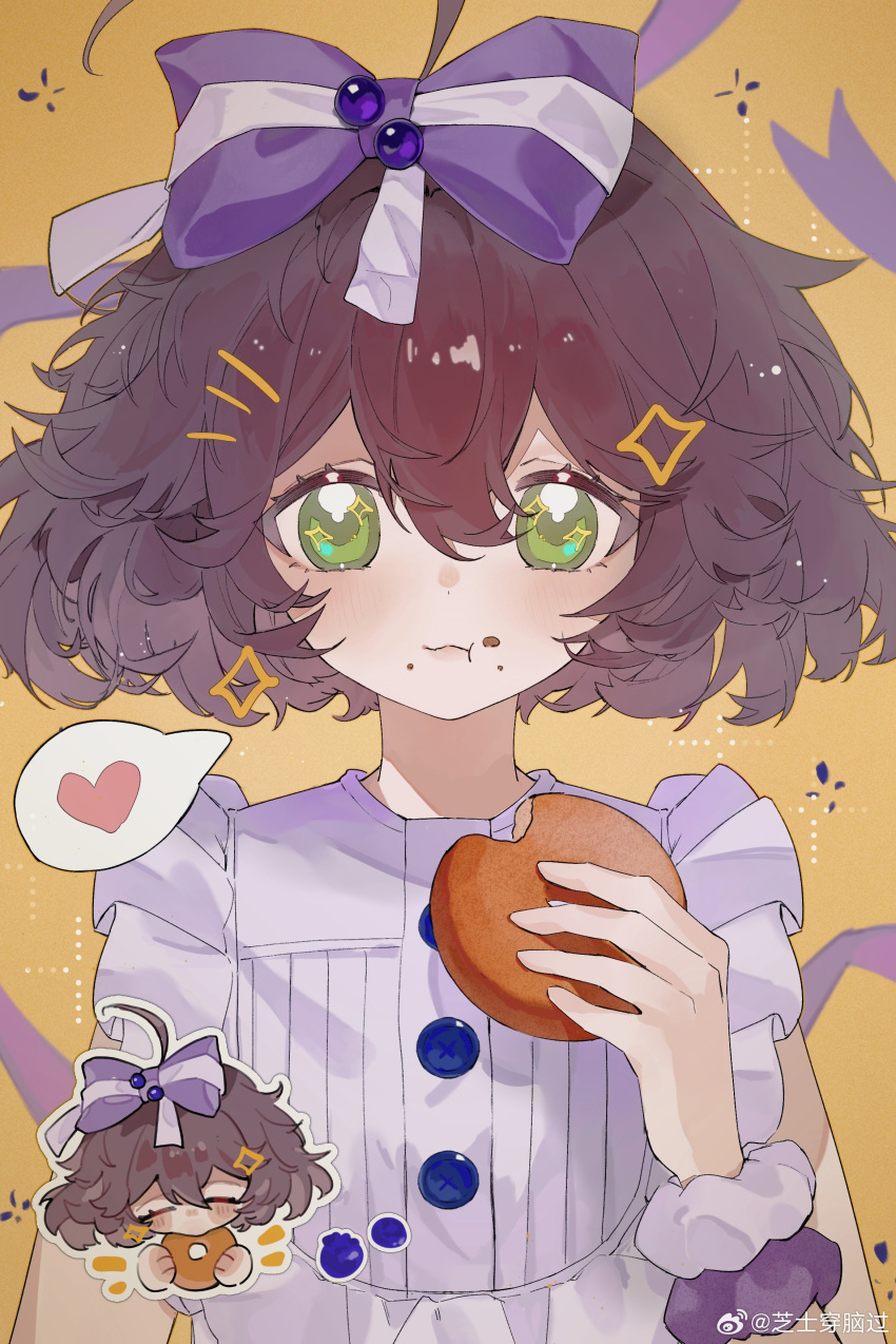 Safebooru - 1girl :t absurdres ahoge bagel bow brown hair chibi chibi ...