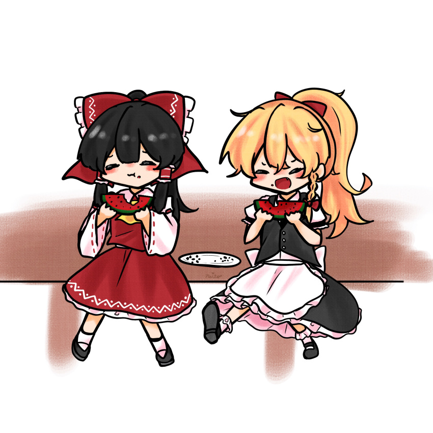 Safebooru - 2girls absurdres apron black hair black shoes black skirt ...