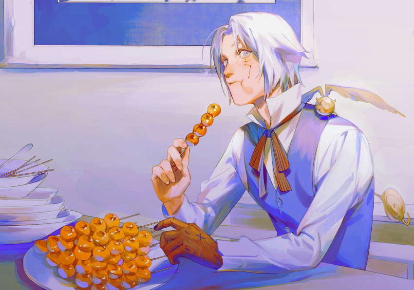 Safebooru - 1boy allen walker black nails blue vest bowl chewing ...