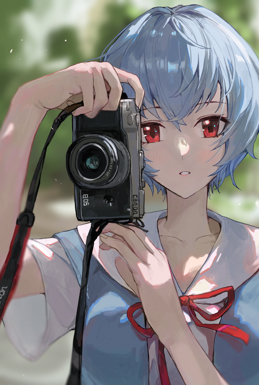 Safebooru - 1girl absurdres ayanami rei blue hair blue vest blush camera highres holding holding ...