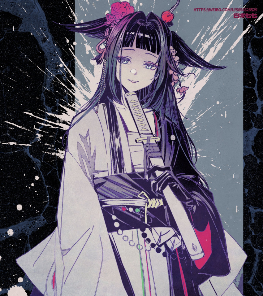 Safebooru - 1girl arknights baizhu772 black hair black kimono blue eyes hair intakes hair ...