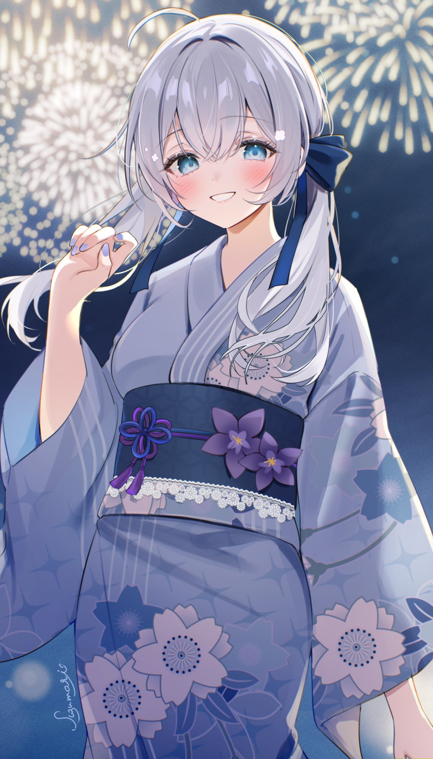 Safebooru - 1girl absurdres aerial fireworks blue eyes blue kimono blush bow breasts commission ...