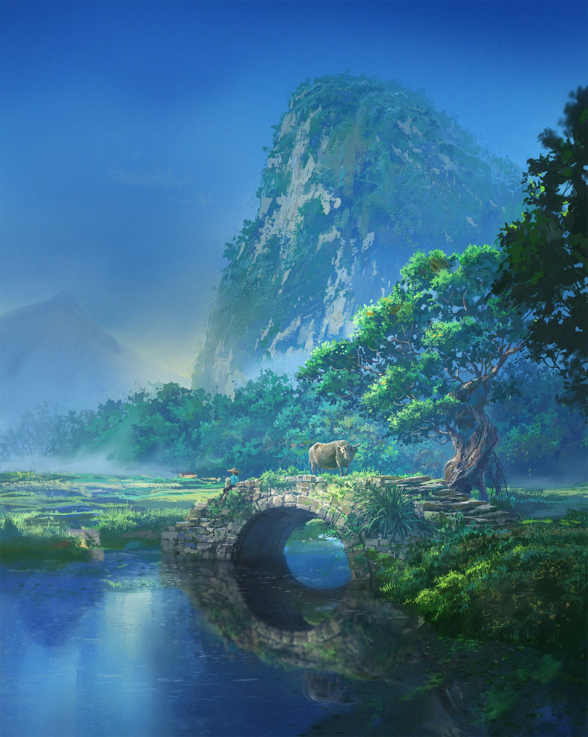 Safebooru - 1other ajirogasa animal arch bridge blue sky bridge bull ...