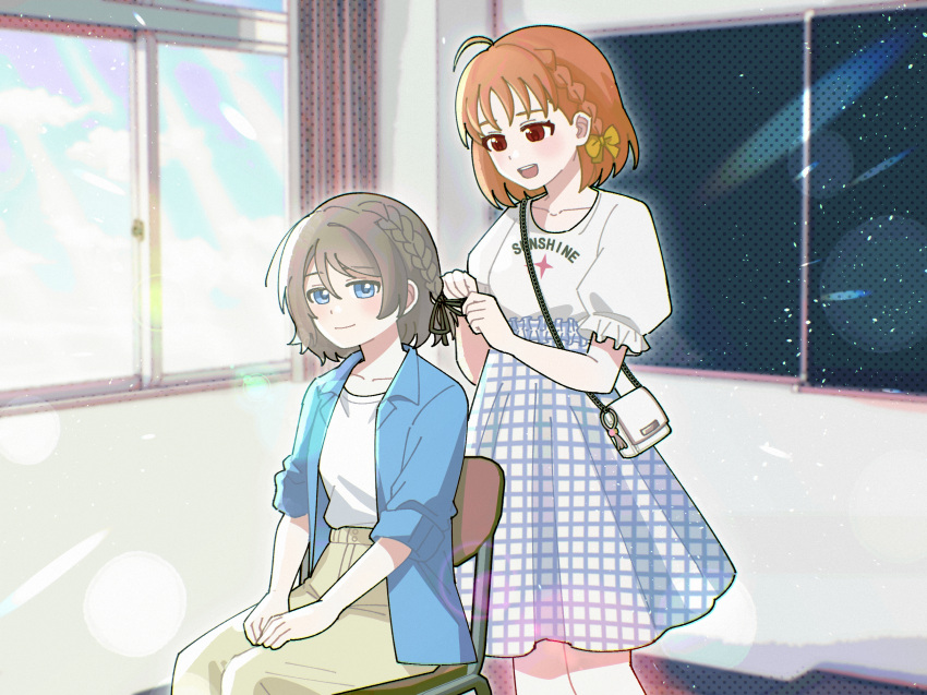 Safebooru - 2girls ahoge alphive bag belt blue eyes blush braid brown ...