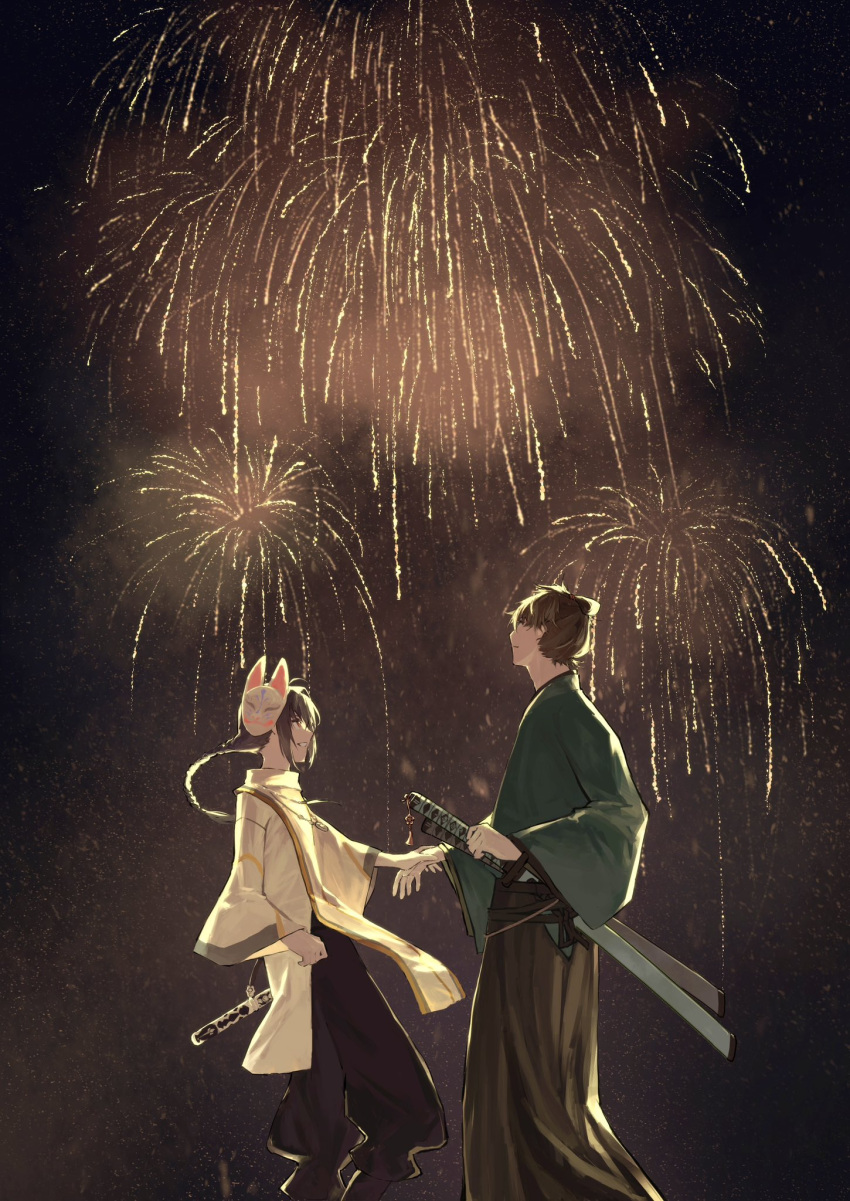 Safebooru - 1boy 1other aerial fireworks ahoge amulet androgynous black ...