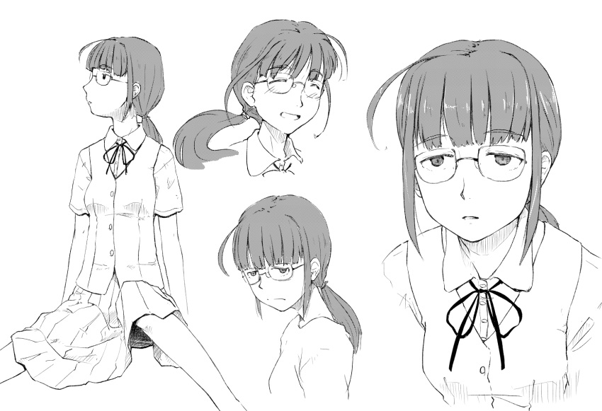 Safebooru - 1girl ahoge closed eyes frown glasses greyscale highres ...