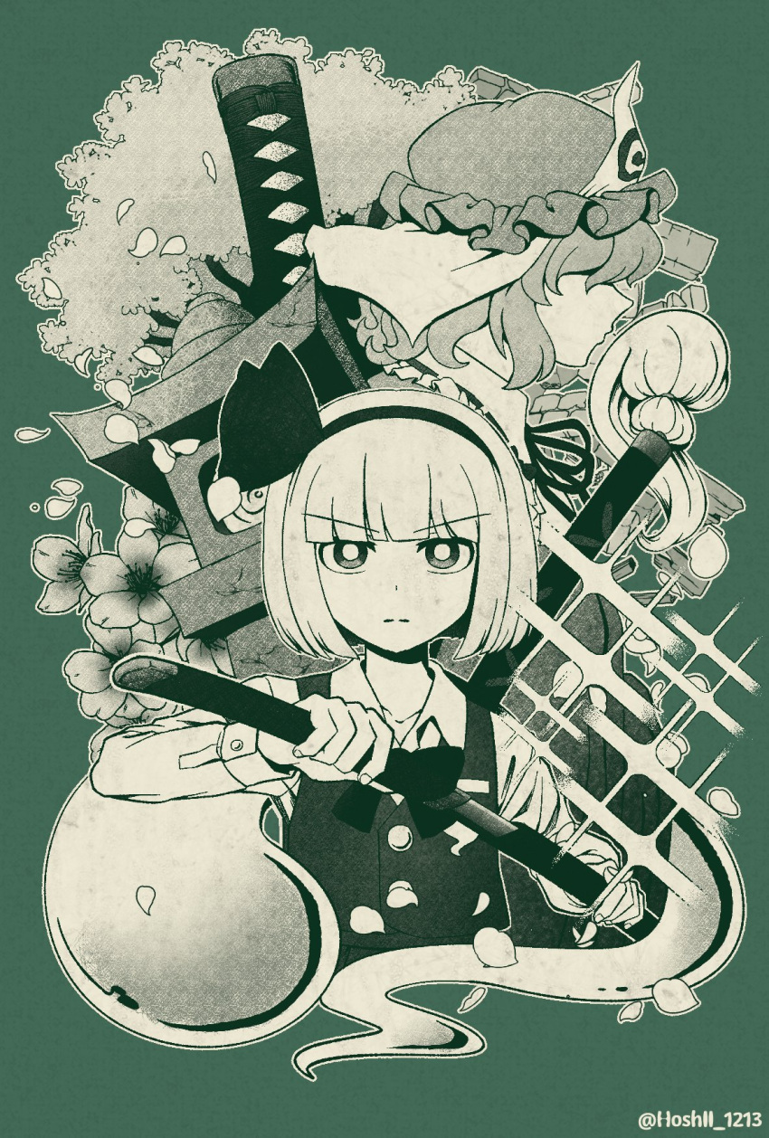 Safebooru - 2girls artist name cherry blossoms frown green theme hat highres holding holding ...