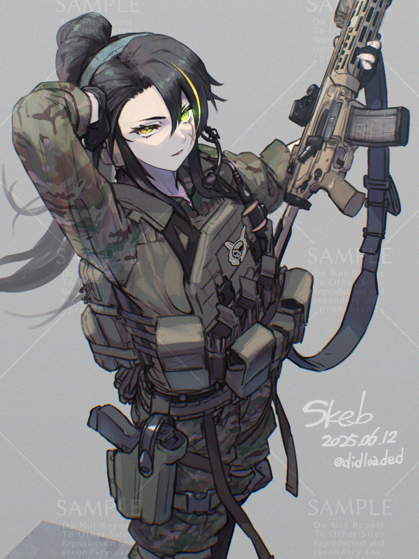Safebooru - 1girl absurdres ammunition pouch artist name assault rifle black gloves black hair ...