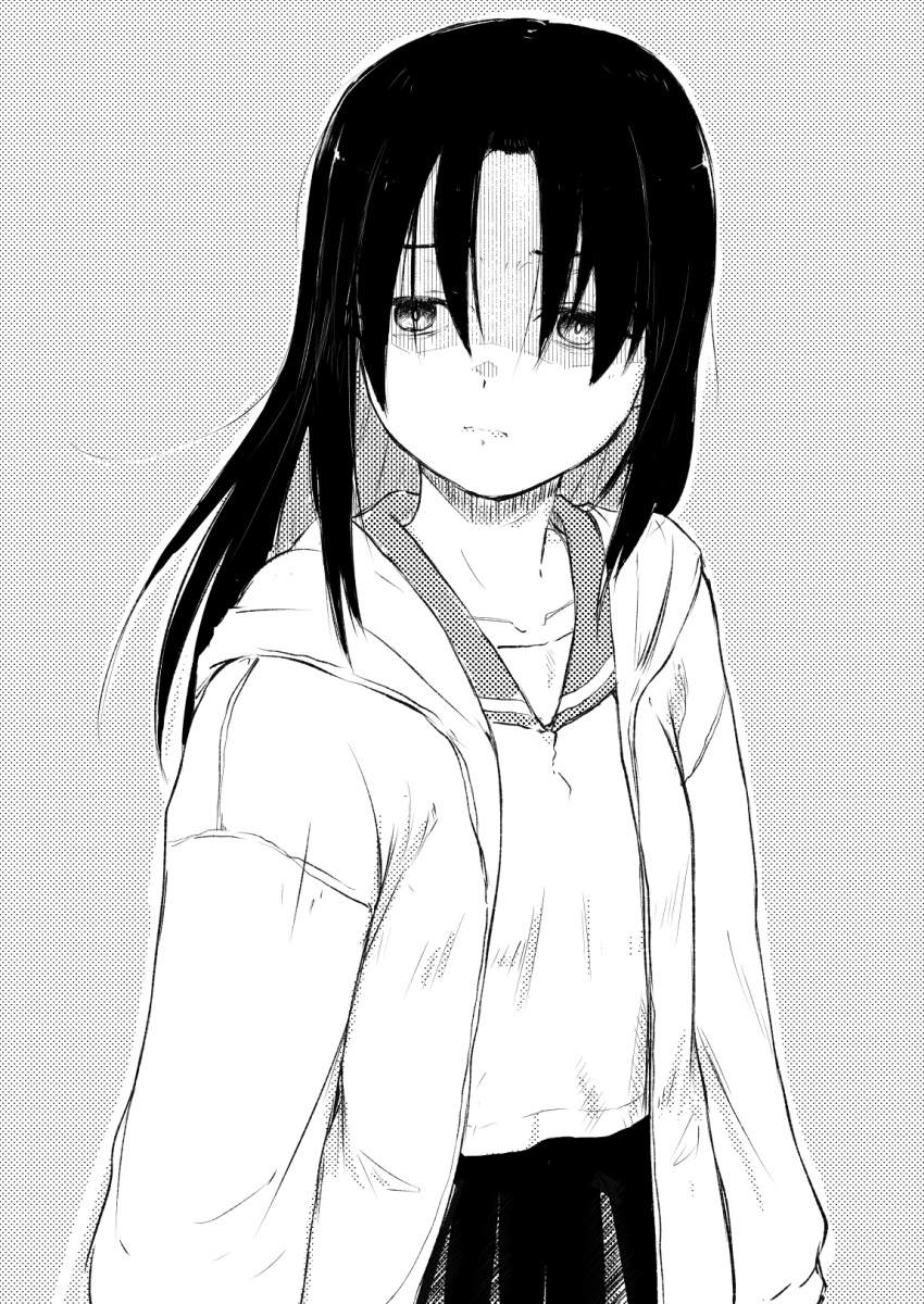 Safebooru - 1girl frown gloom (expression) grey background greyscale ...