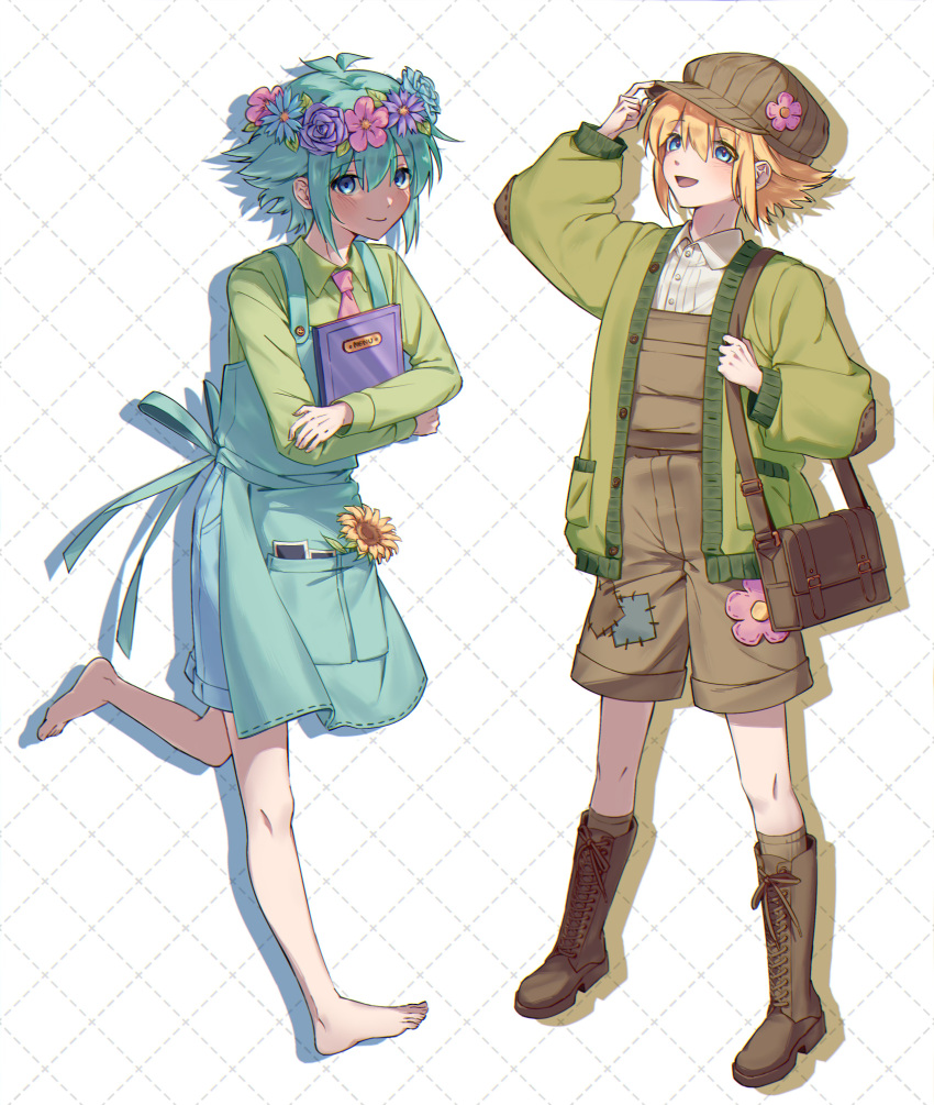 Safebooru - 2boys absurdres antenna hair apron arm up barefoot basil ...