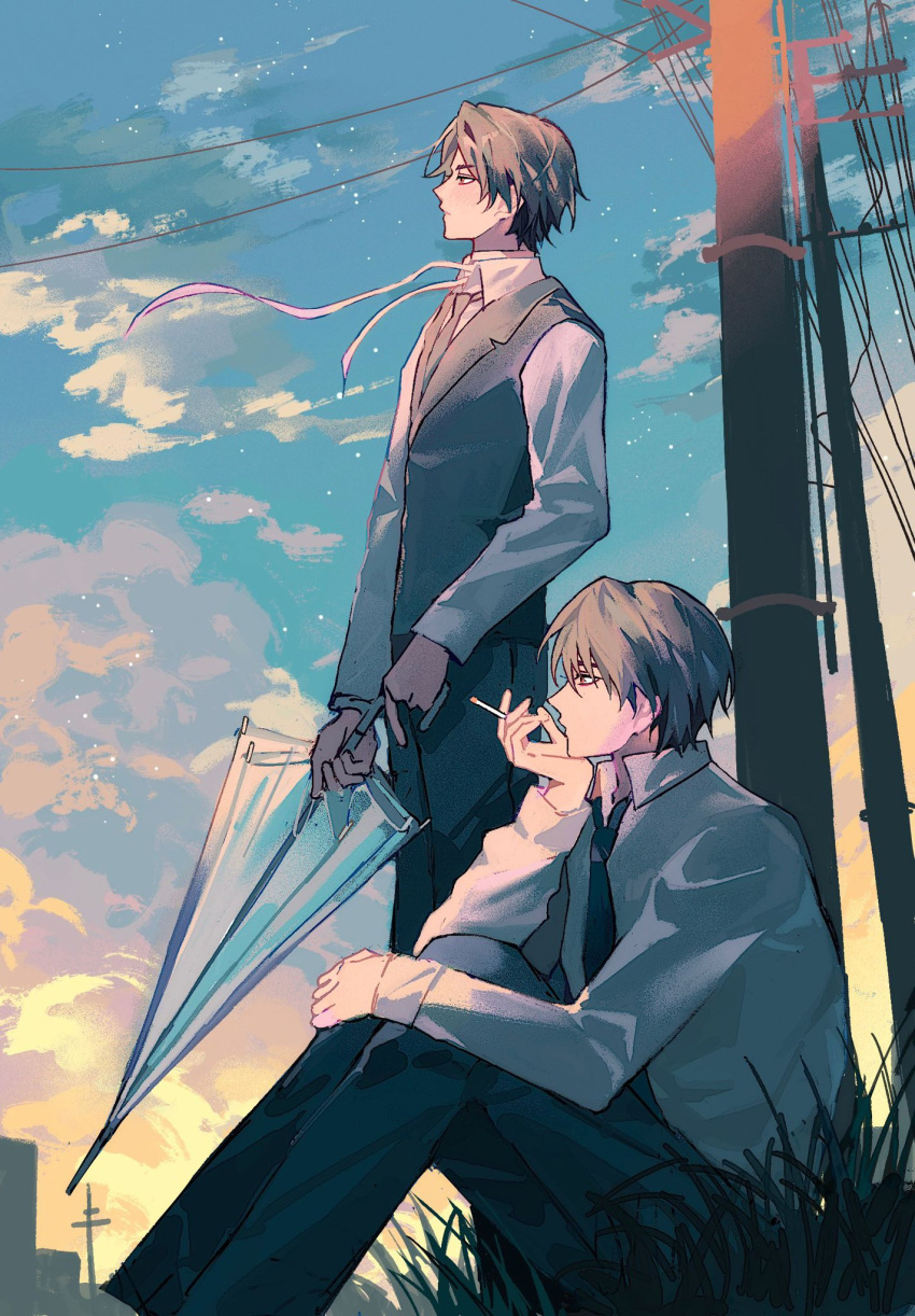 Safebooru - 2boys aomi (ooe) black hair black pants cigarette clouds ...