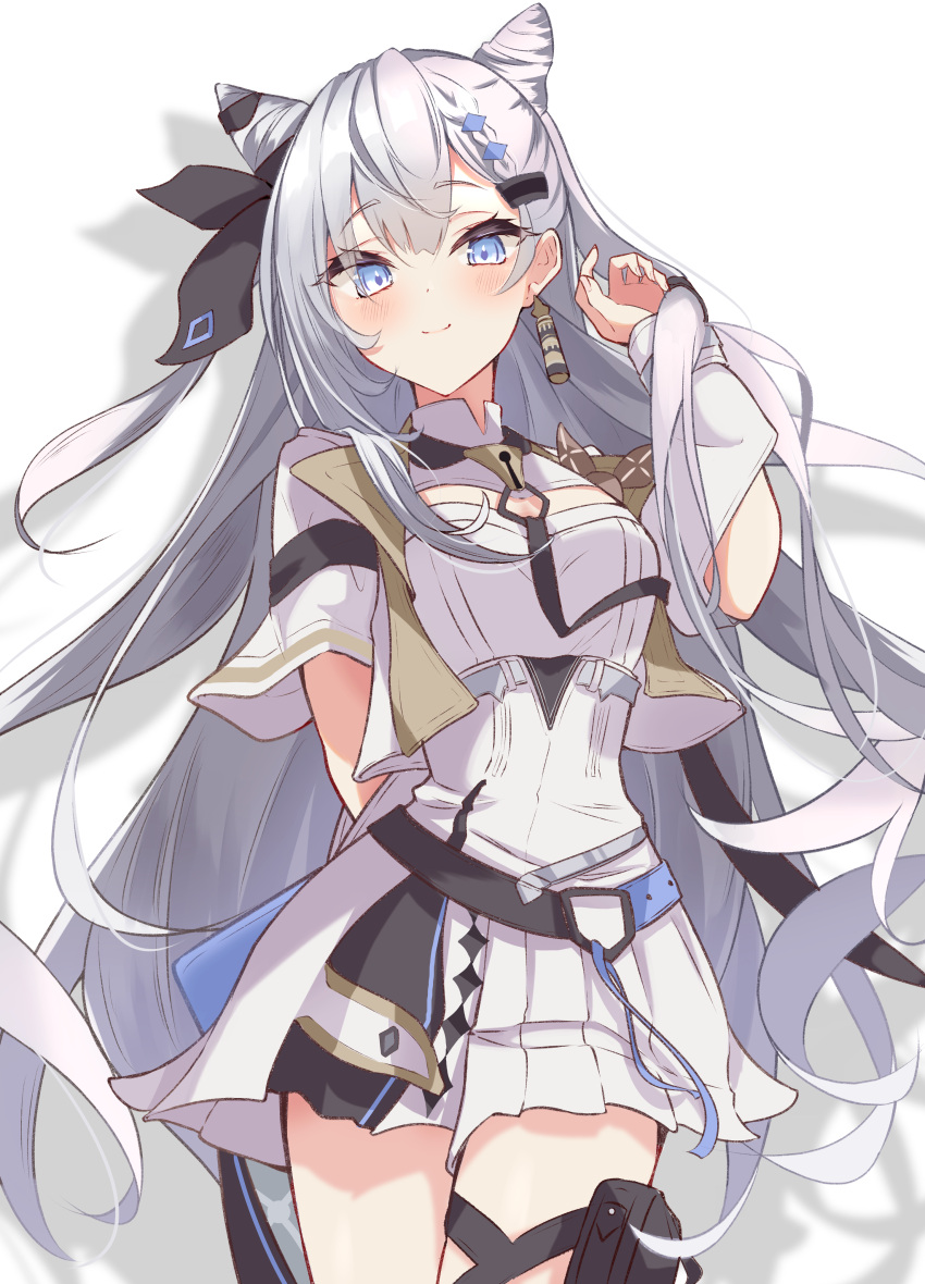 Safebooru - 1girl absurdres belt black belt blue belt blue eyes blush cropped jacket dress grey ...