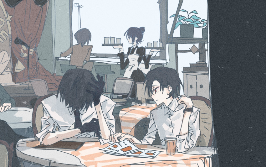 Safebooru - 2boys 2girls apron ariake (ooe) black gloves black hair ...
