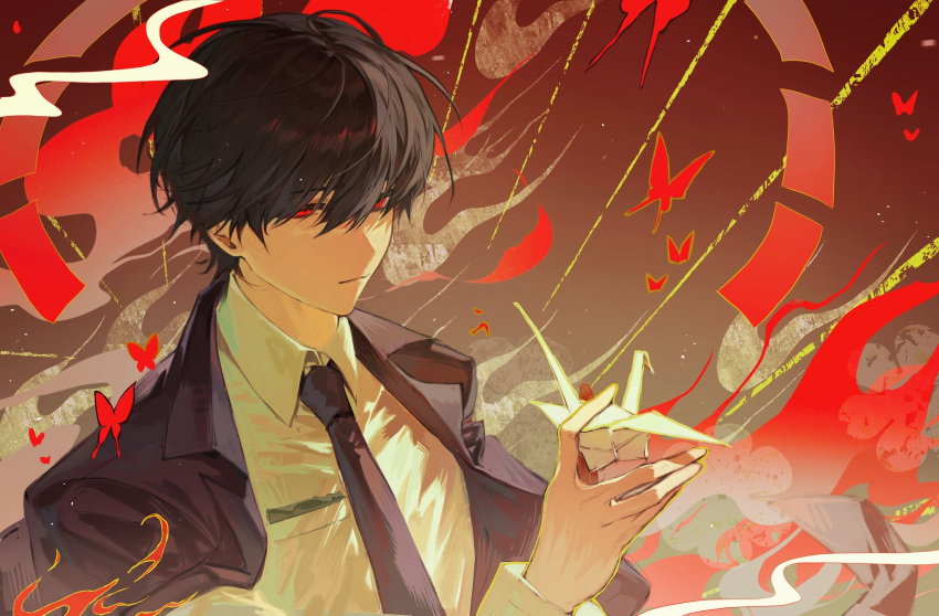 Safebooru - 1boy black hair black jacket black necktie bug butterfly ...