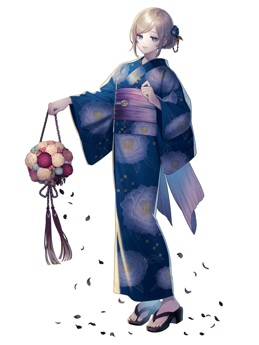 Safebooru - 1girl black footwear blue eyes bouquet braid dairoku ryouhei floral print flower ...