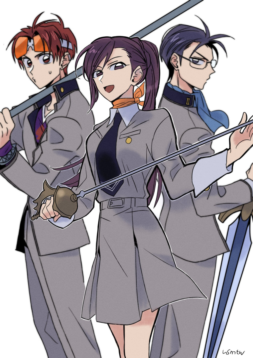 Safebooru - 1girl 2boys black hair brown eyes closed mouth glasses ...