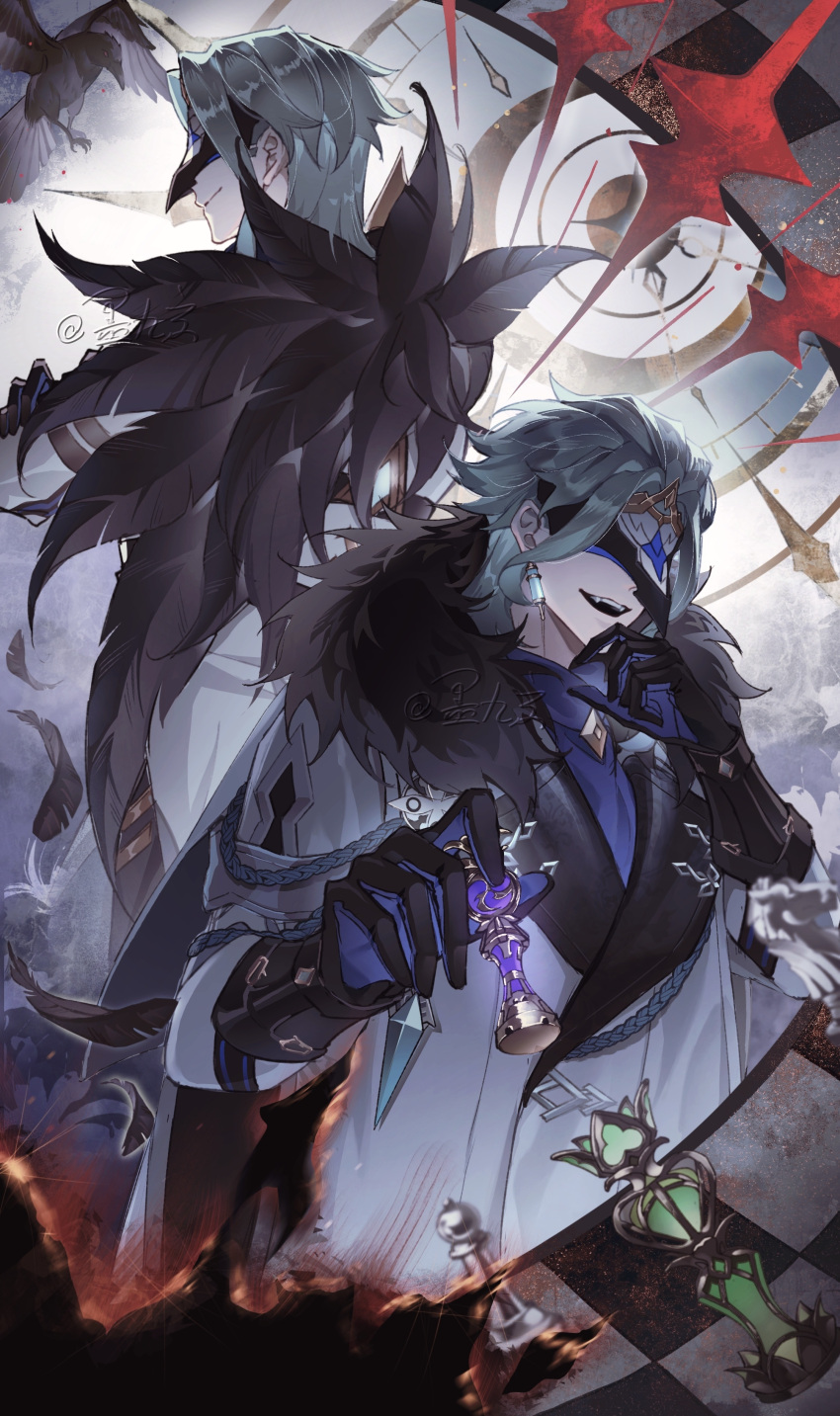 Safebooru - 1boy absurdres bird black feathers black gloves blue hair ...