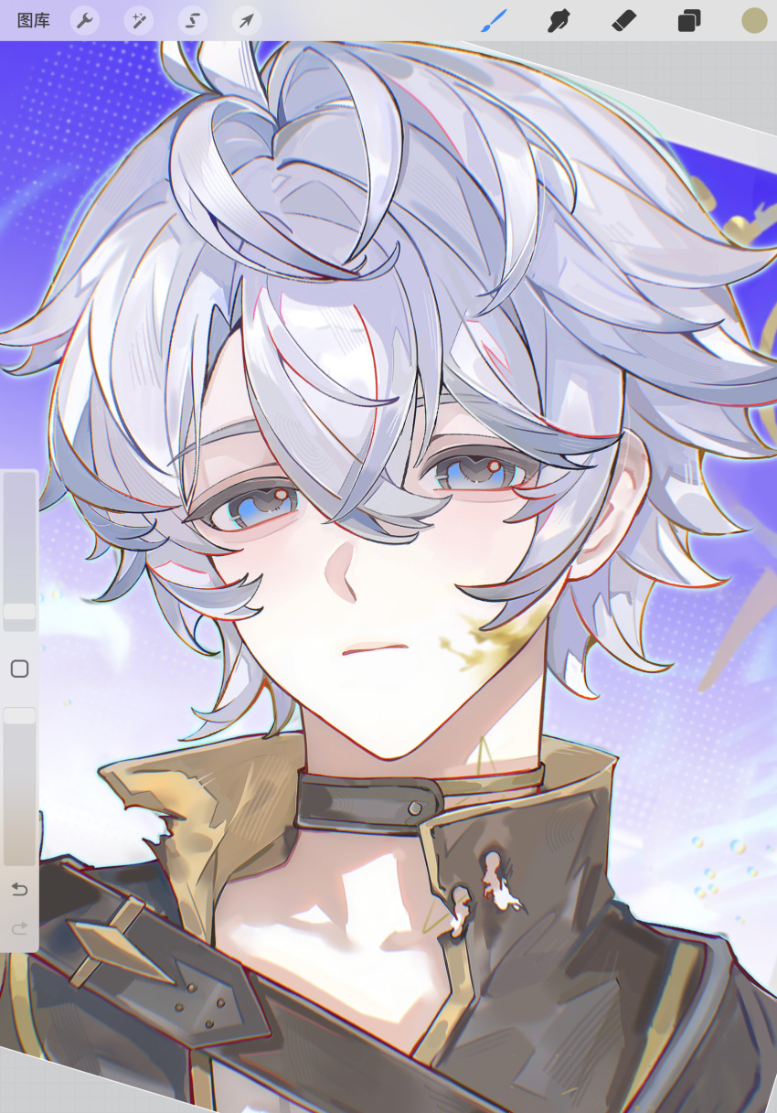Safebooru - 1boy bishounen black choker blue eyes choker closed mouth grey hair hair between ...