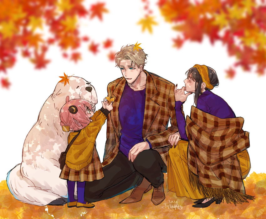 Safebooru - 1boy 2girls ahoge anya (spy x family) autumn autumn leaves bag black hair black ...