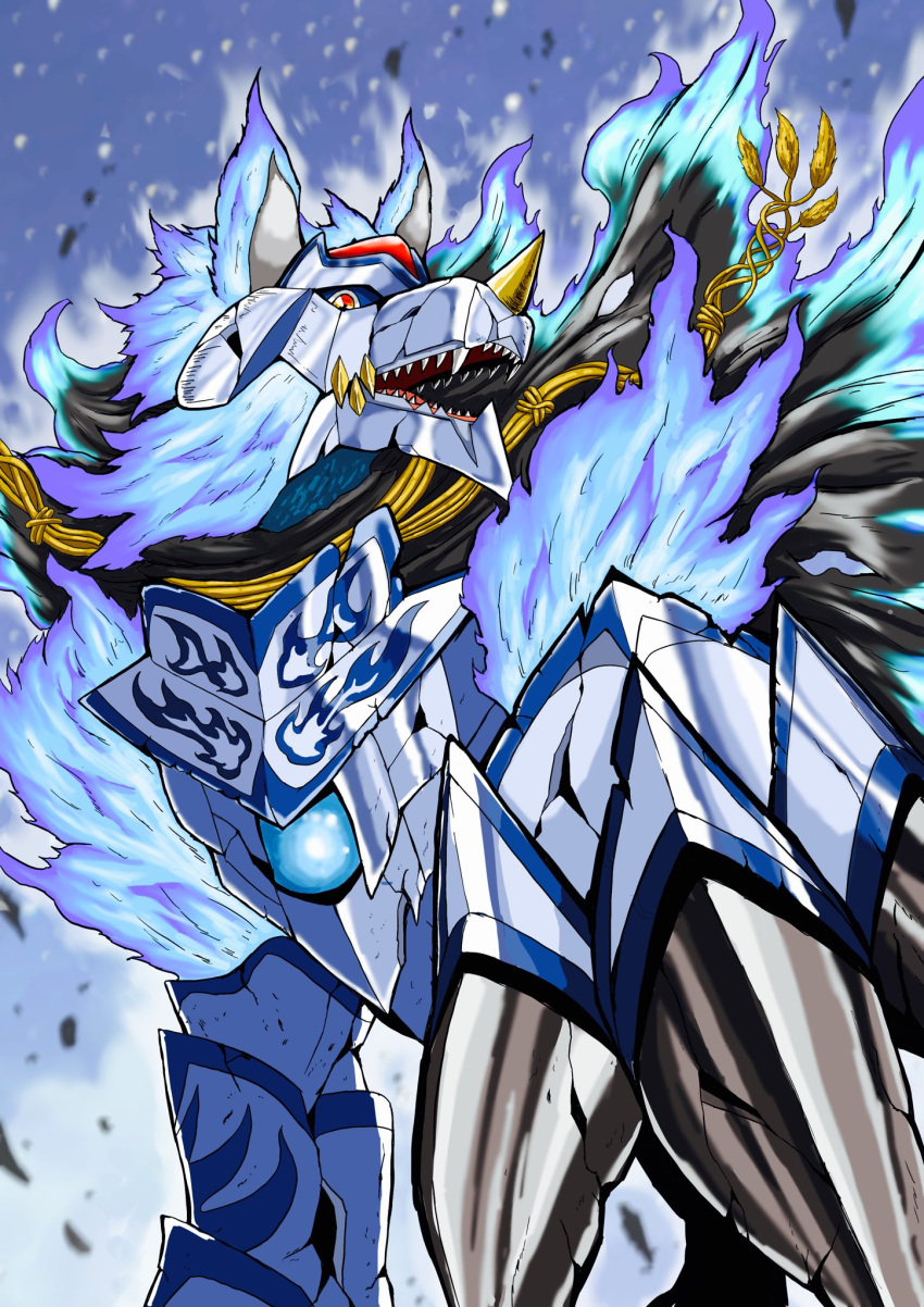 Safebooru - 1other armor blue fire claws digimon digimon (creature) fenriloogamon fire highres ...