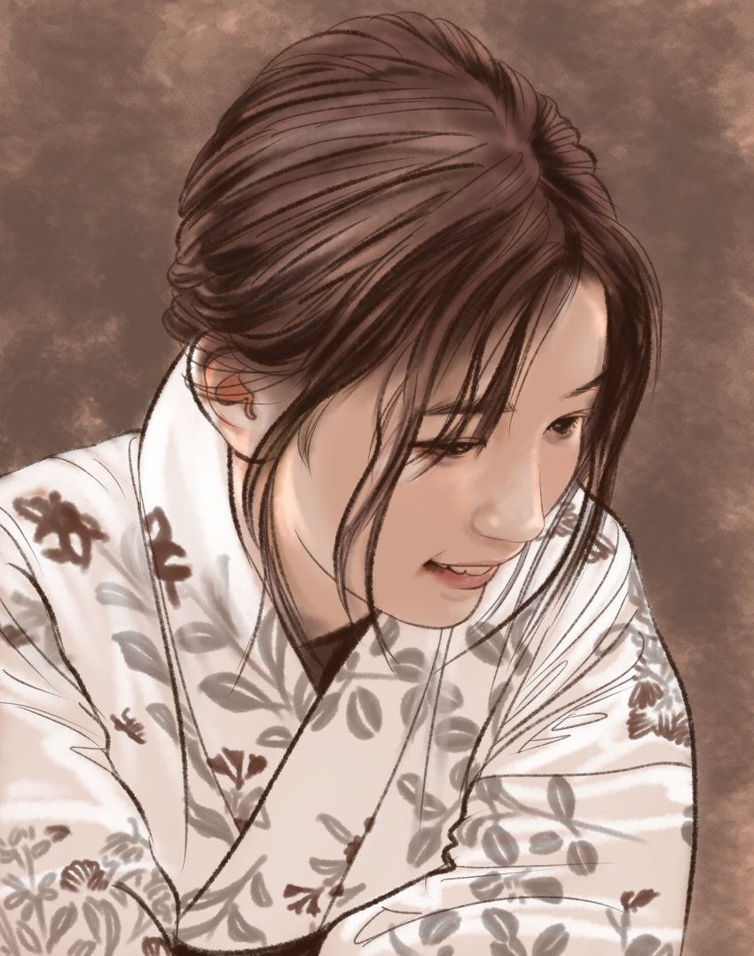 Safebooru - 1girl brown background brown hair highres japanese clothes ...