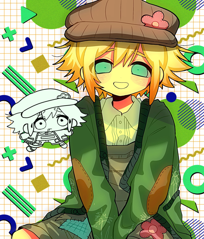 Safebooru - 1boy :d aqua eyes arms between legs basil (birthday) (omori ...