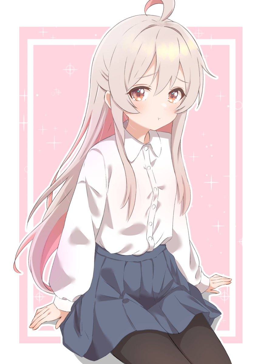 Safebooru - 1girl ahoge black thighhighs blue skirt blush breasts brown eyes closed mouth ...