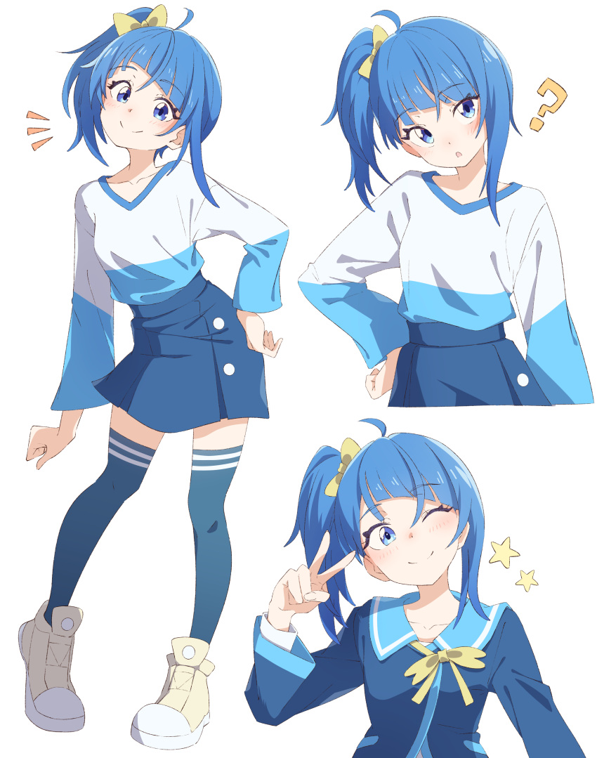 Safebooru - 1girl ? absurdres blue sailor collar blue shirt blue skirt blue thighhighs bow ...