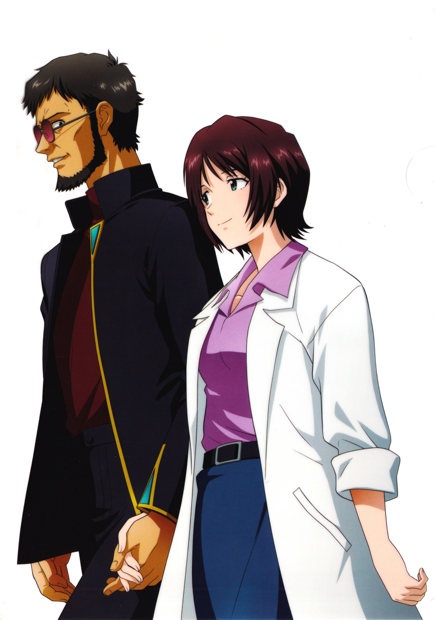 Safebooru - 1boy 1girl absurdres artist request beard belt black belt blue skirt breasts couple ...