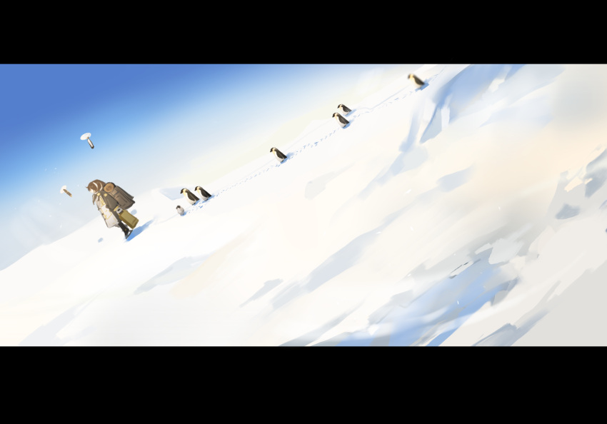 Safebooru - 1girl animal arknights backpack bag bird black pants blue sky brown coat brown hair ...