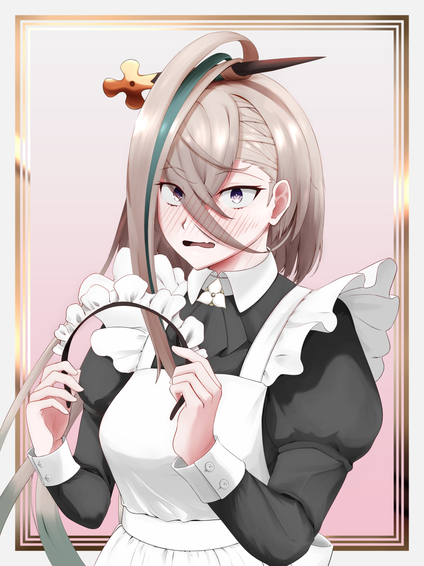 Safebooru - 1girl absurdres alternate costume apron black dress blush brown hair dress enmaided ...